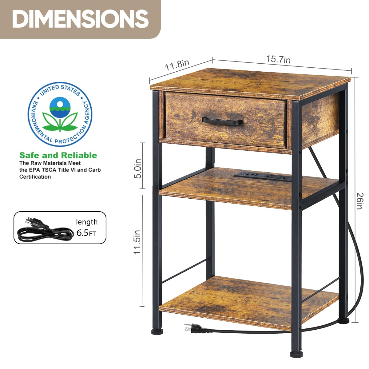 melos Night Stands with Charging Station, 3 Tier Nightstand with USB Ports and Outlets, Bedside Table with Fabric Drawers, Tall Side End Table with Storage Shelf for Bedroom, Living Room, Sofa, Black