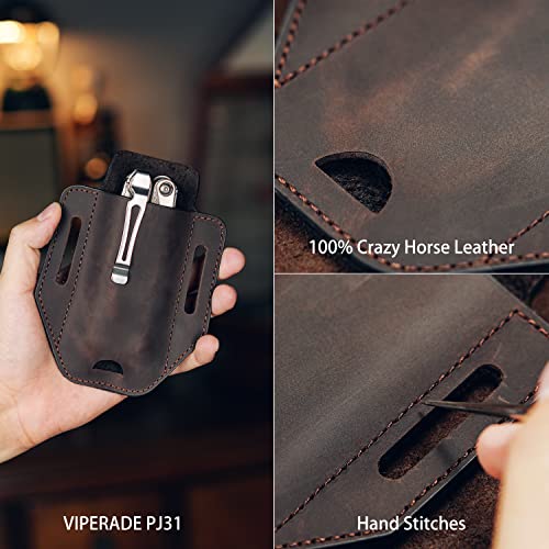 VIPERADE PJ31 Multitool Sheath, Flashlight Holster for Belt, EDC Pocket Pouch Leather Sheath for Men, Belt Sheath EDC Holster for Multitool, Flashlight, Folding Pocket Knife (No MOLLE-Brown)