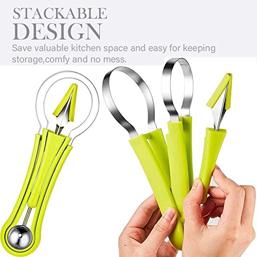 Suuker Melon Baller Scoop Set,4 In 1 fruit cutters shapes for kids, watermelon scooper fruit scooper and baller, Seed Remover Knife and fruit carving tools（Green）