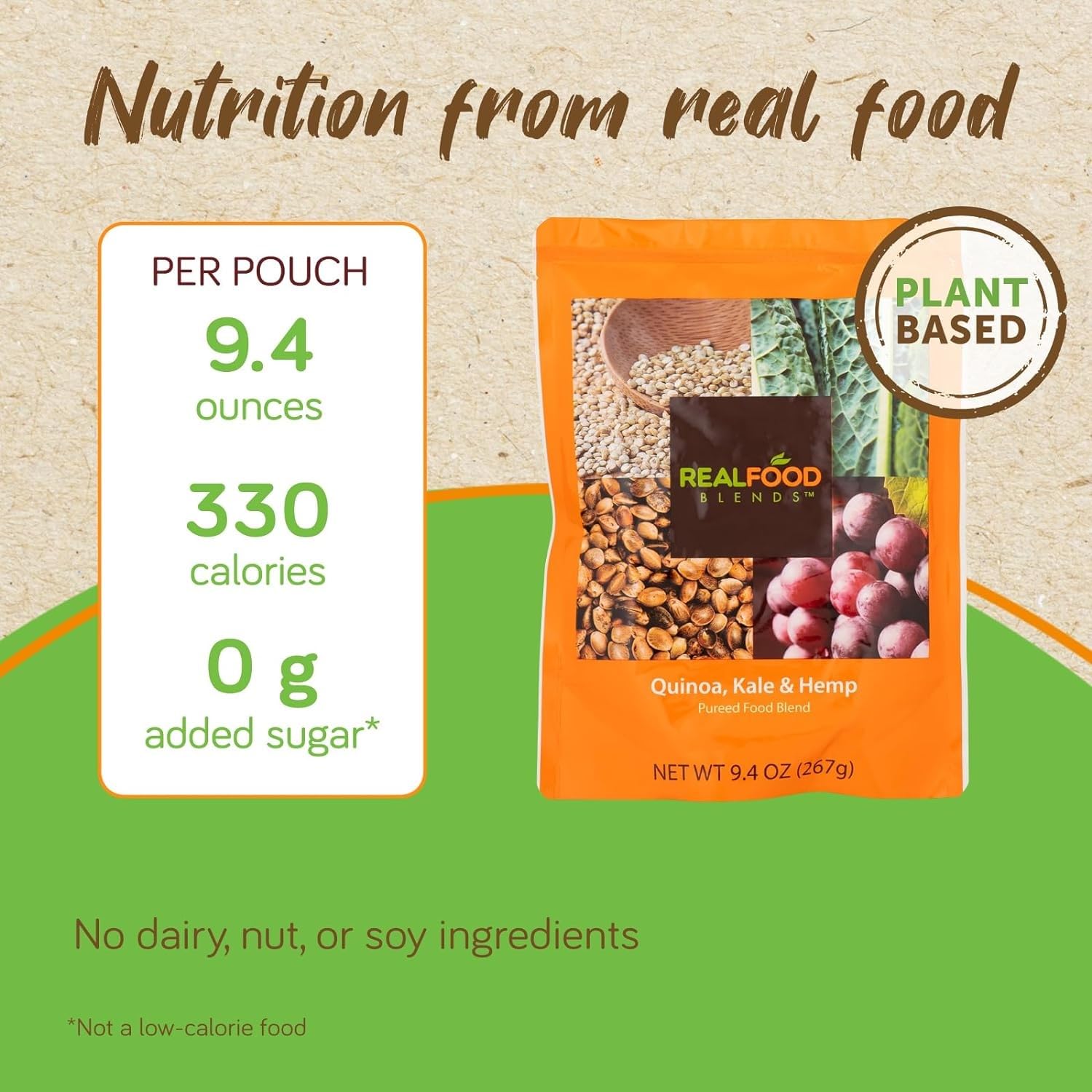Real Food Blends Quinoa, Kale & Hemp - Pureed Food Meal for Feeding Tubes, 9.4 oz Pouch (Pack of 12 Pouches)