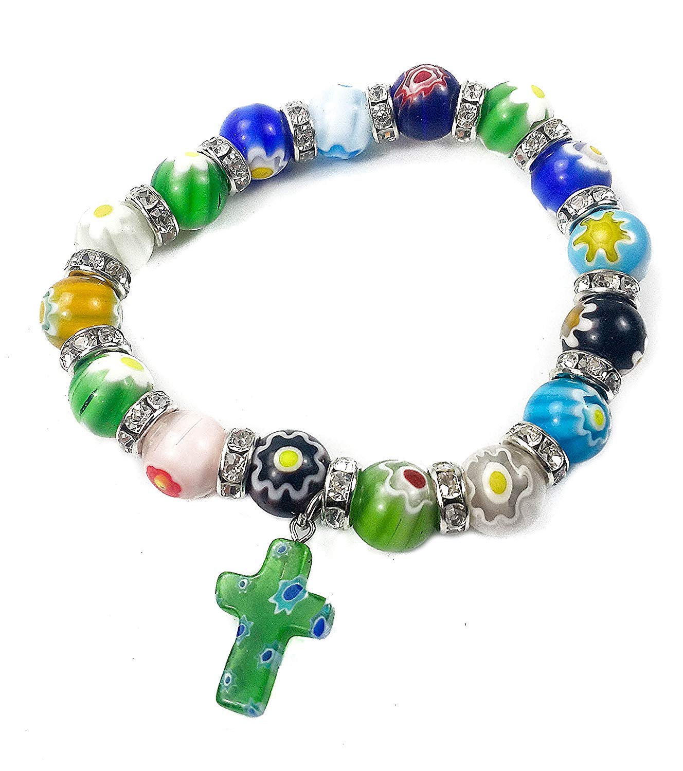 Nazareth Store Colorful Agate Stone Flower Beads Bracelet with Hanging Genuine Cross Spiritual Religious Gifts for Women and Men