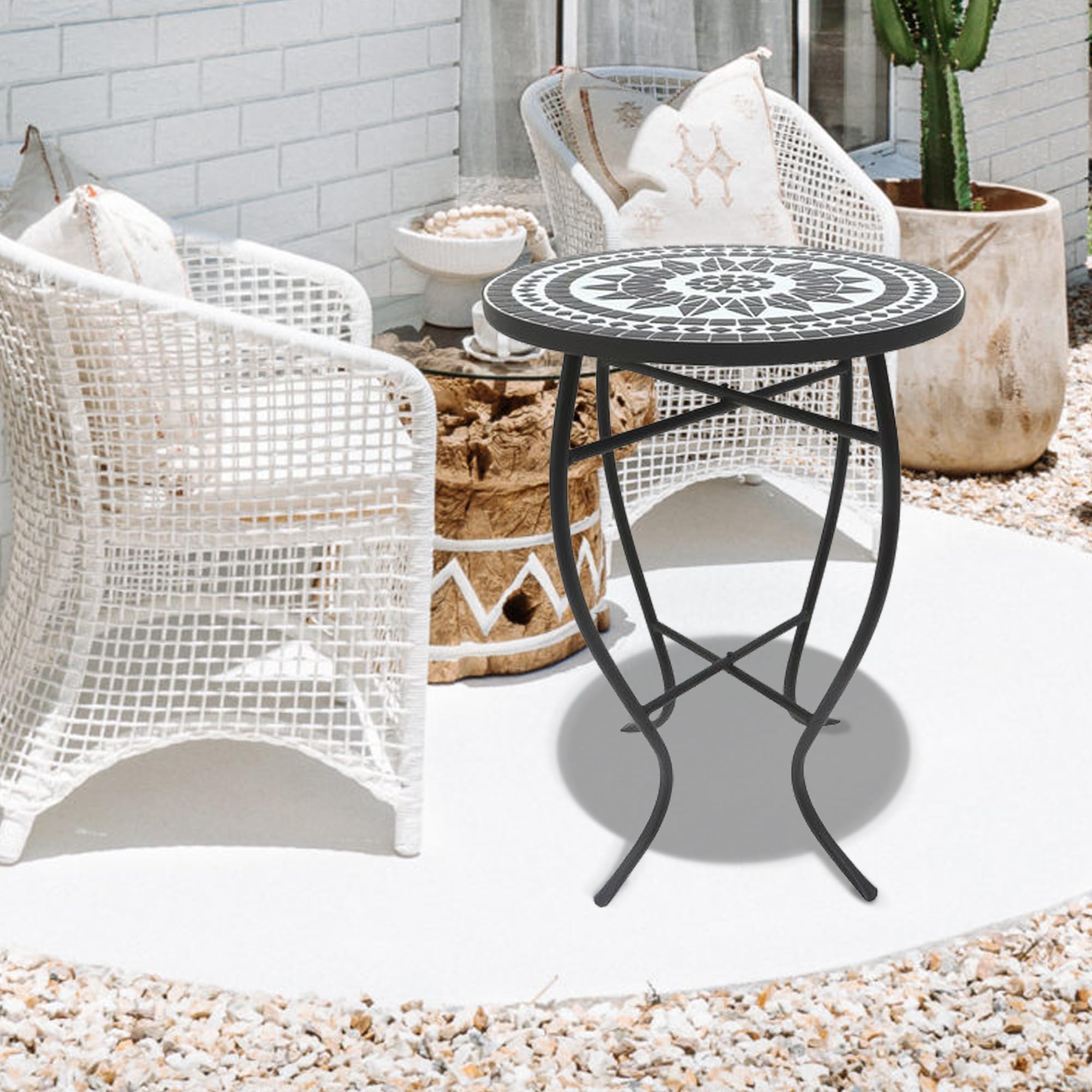 MOOOTTO Outdoor Side Table Mosaic 14 Inch Round Accent Table Plant Stand with Concrete Tile Top Patio End Table, Indoor and Outdoor Accent Table (Dark Blue)