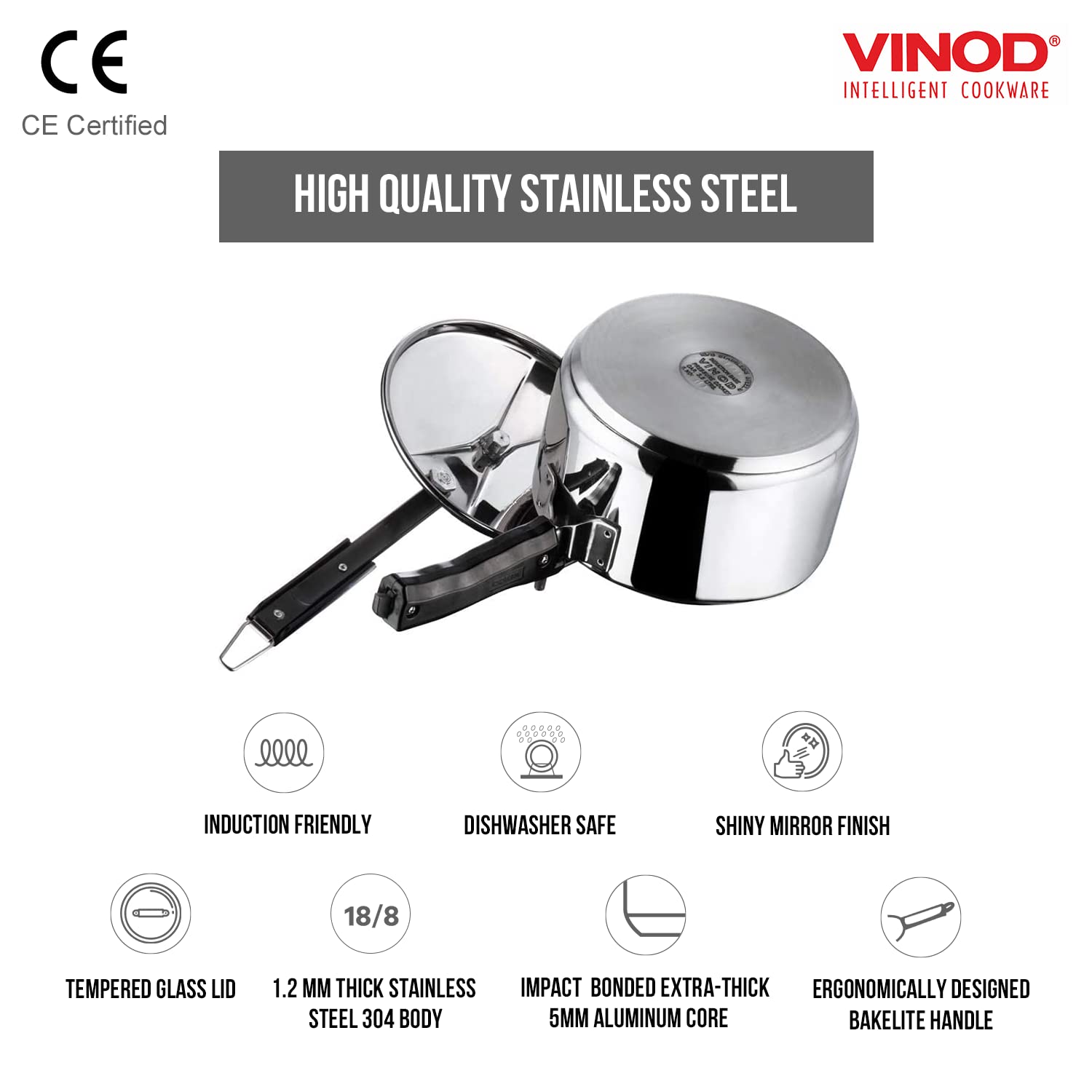 Vinod Pressure Cooker Stainless Steel – Inner Lid - 2 Liter – Sandwich Bottom – Indian Pressure Cooker – Induction Friendly Cooker – Best Used For Indian Cooking, Soups, and Rice Recipes, Quinoa