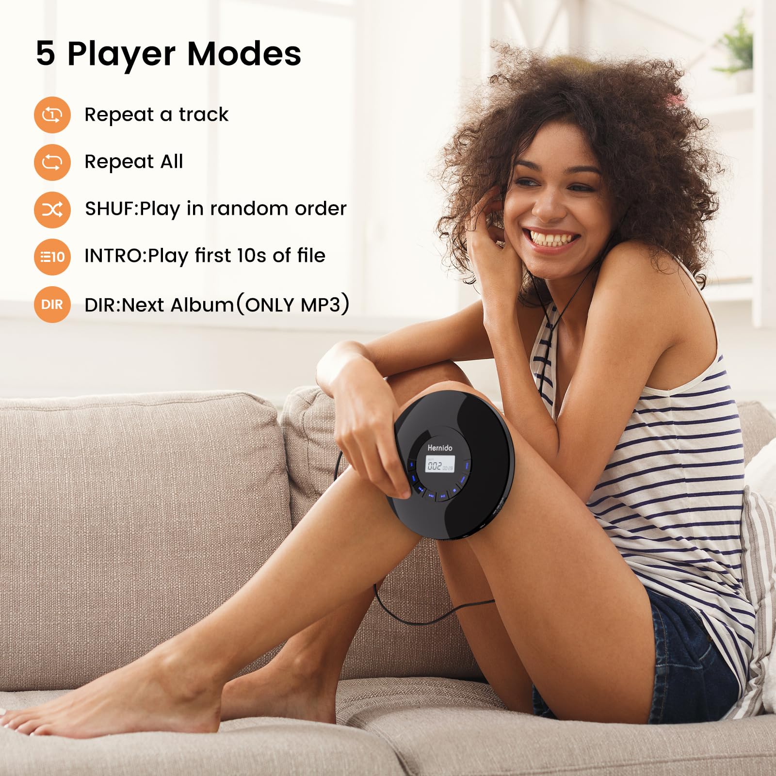 Portable CD Player with Headphone, Hernido Rechargeable CD Player for car, Compact CD Walkman with 5 EQ Sounds, AUX Output, Anti-Skip, CD Player for Home & Travel Discman Kpop Player