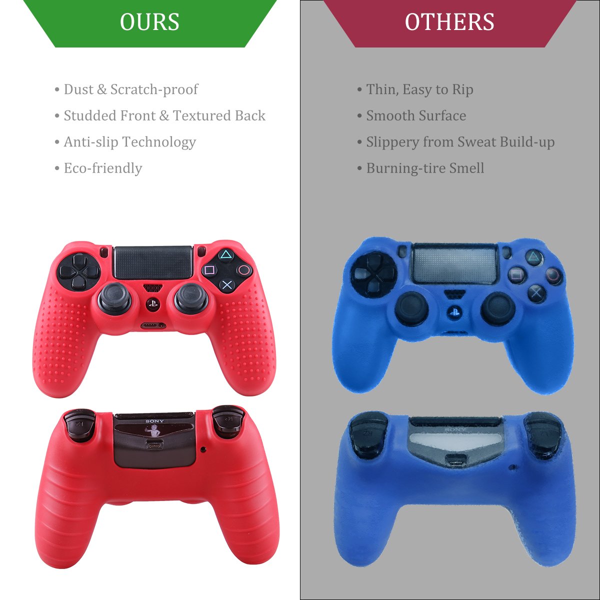 PS4 Controller Covers - PS4 Silicone Skins for DualShock 4 - PS4 Accessories Anti-slip Cover Case for PlayStation 4, Slim, Pro - 2 Pack PS4 Controller Skins - 4 Pairs PS4 Grips - Red & Blue