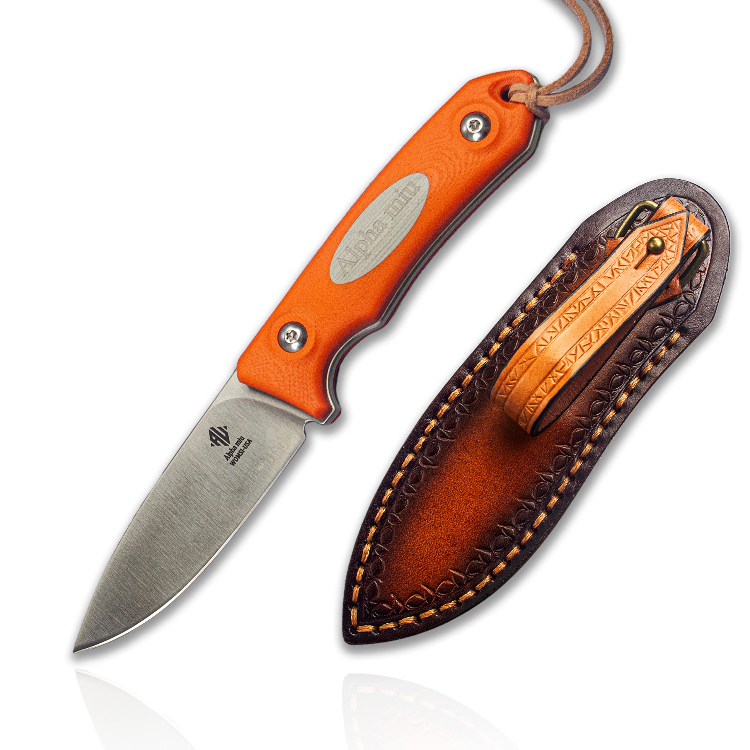 WOMSI Hunting Knife,Full Tang 6.57",DPS15-S Power Steel Blade,Sonorous&durable G10 Handle with Leather Sheath(Orange)