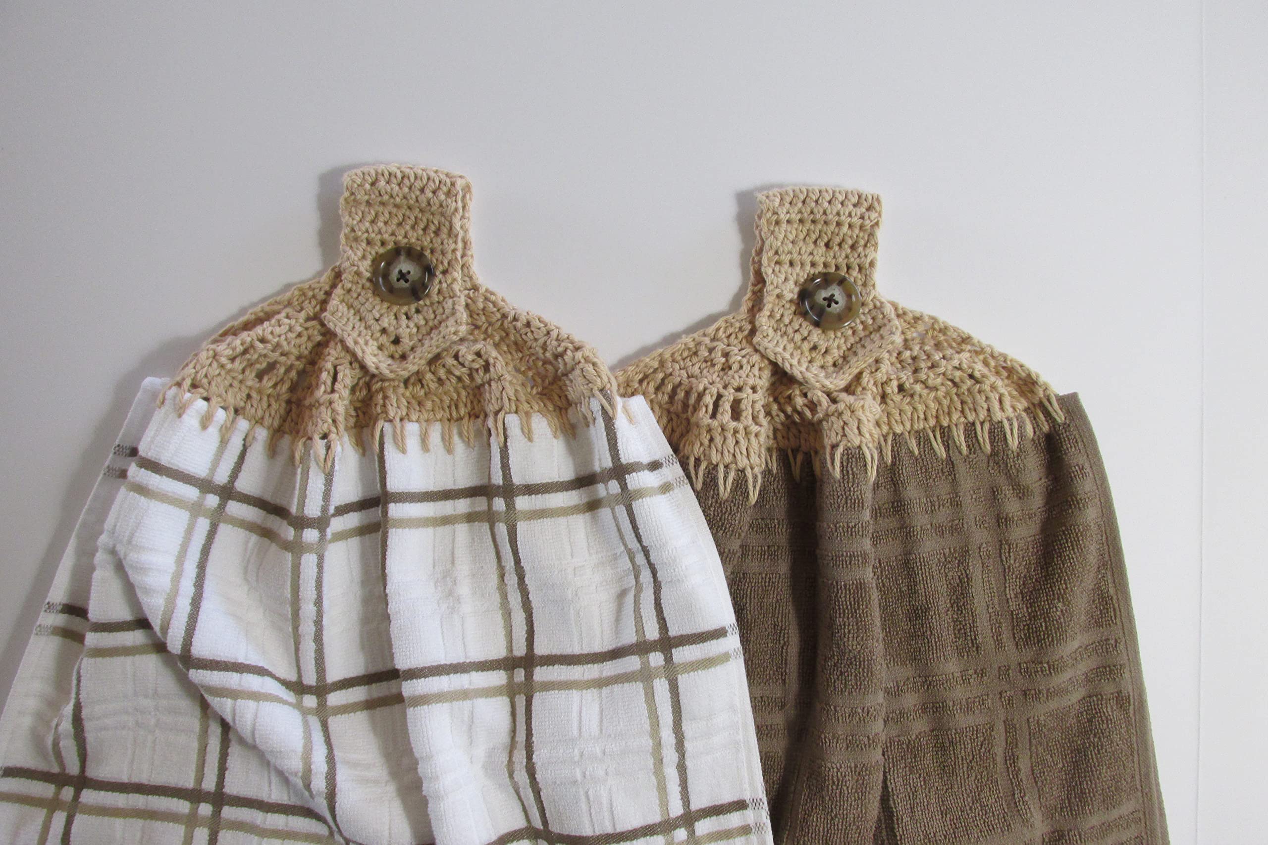 Set of 2 Tan Double Thickness Kitchen Towels - Hanging Towels - Light Brown & White Plaid Design with Cream Cotton Crochet Top - Moms Gift - Best Quality Towels