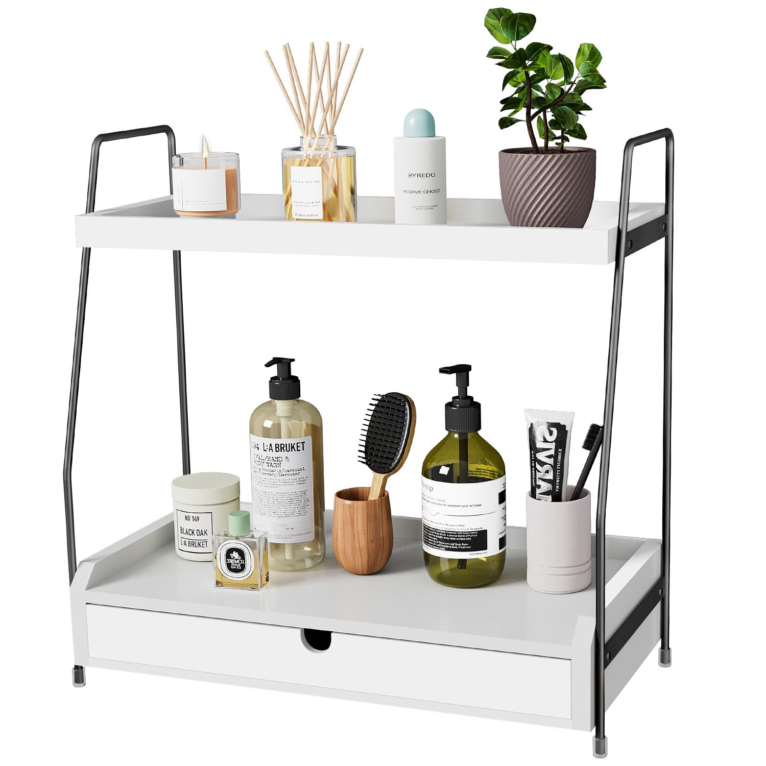 MONVANE 2-Tier Bathroom Organizer Countertop - Solid Wood Bathroom Counter Organizer with Drawer, Simple Standing Vanity Tray for Bathroom Organization and Bathroom Storage (White and Black)