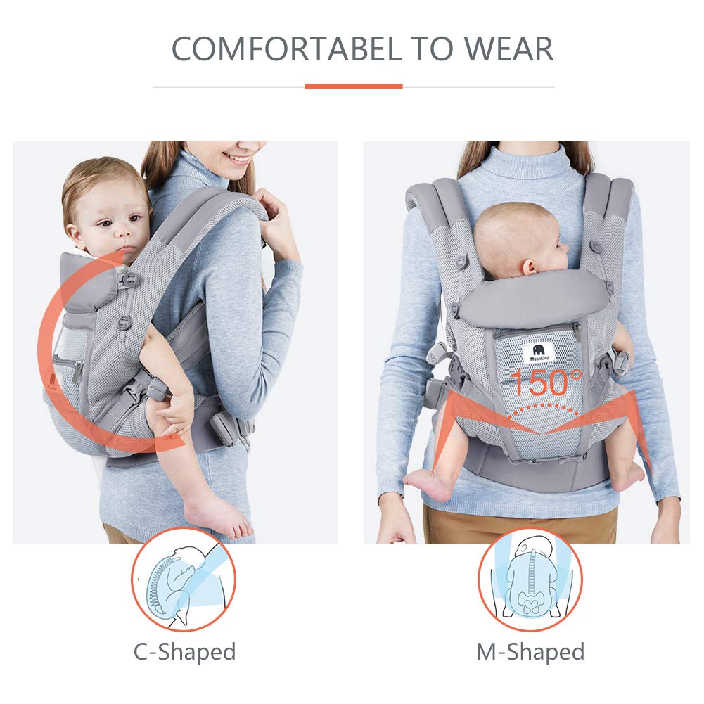 Meinkind Convertible Carrier, 4-in-1 Infant Carrier Ergonomic, Soft Breathable Comfortable Baby Carrier for 7~45lbs Infant, Front and Back Carrier with Head Support, Padded Shoulder Strap, Grey