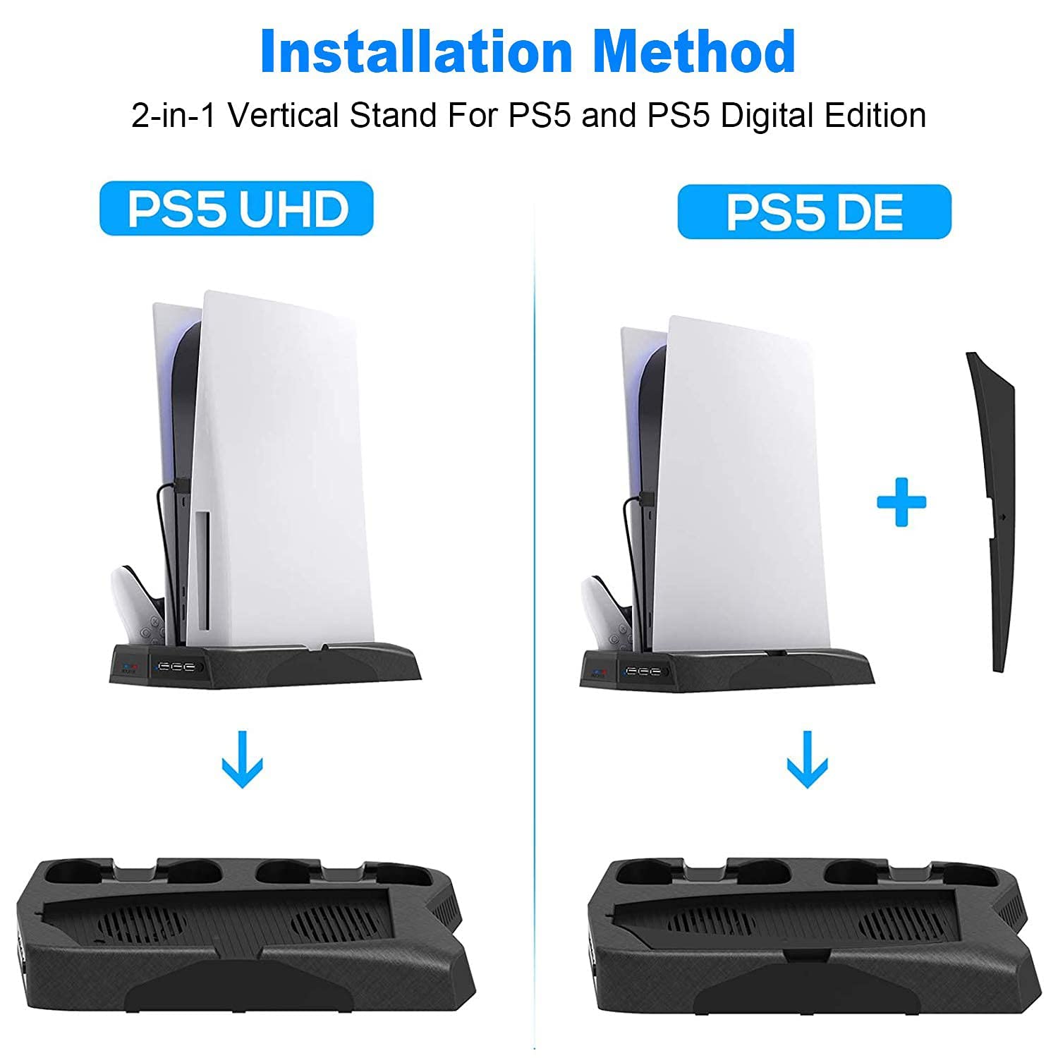 PS5 Cooling Fan Station Vertical Stand Accessories with Dual Controller Charger and 14 Retractable Game Card Storage