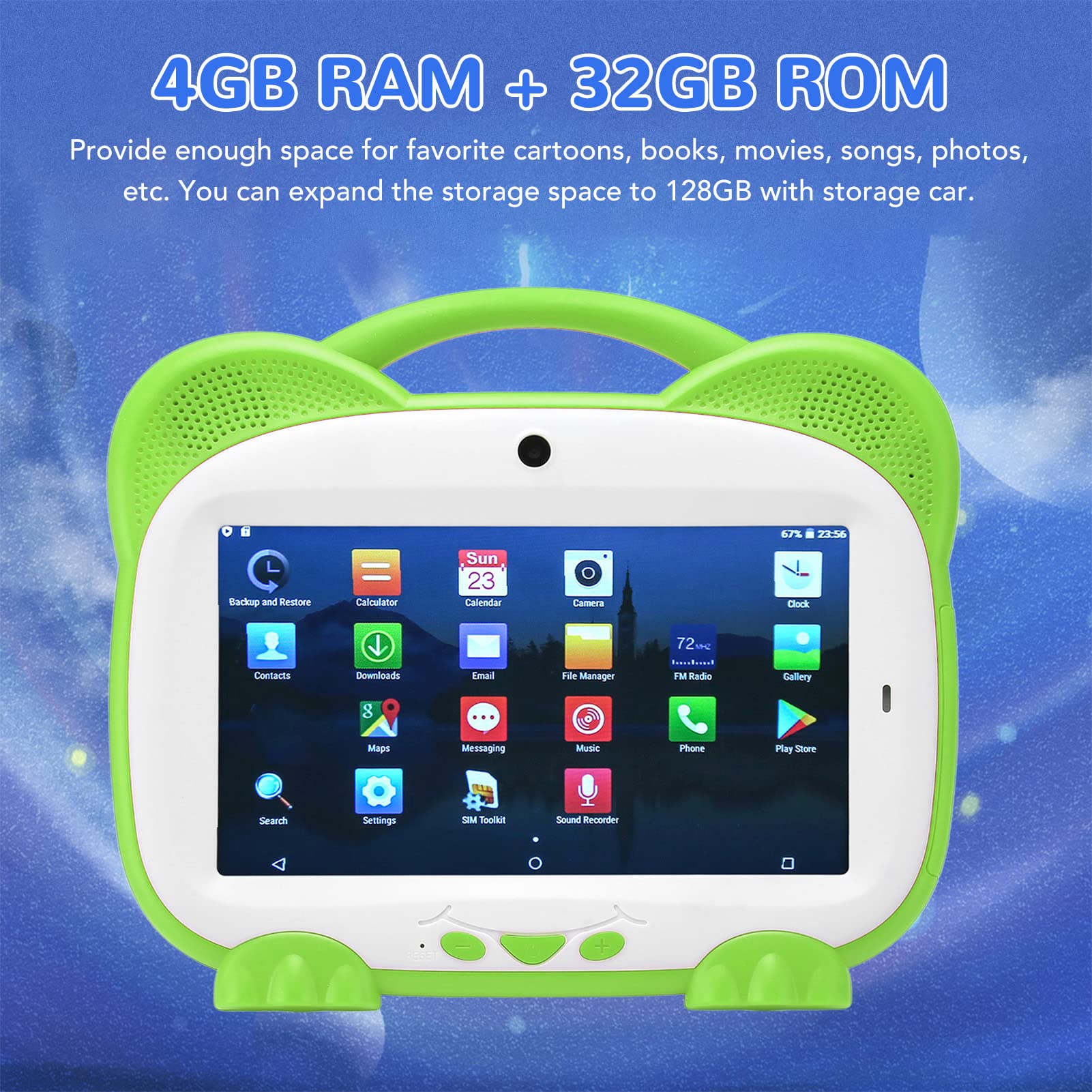 Qinlorgo Tablet PC for Kids, 5500mAh US Plug 100‑240V Support WiFi 7 Inch HD 1080P Kids Tablet for Boys (Green)