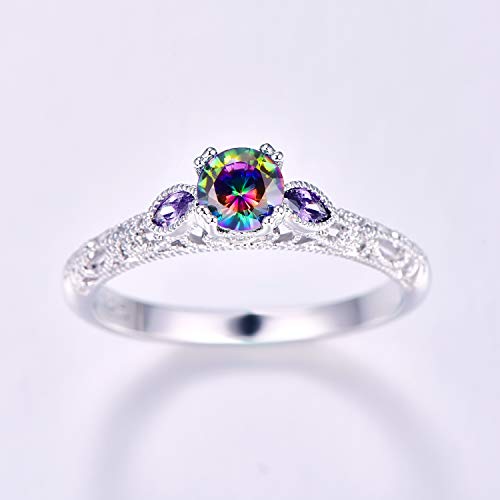 Psiroy 925 Sterling Silver Created Rainbow Topaz Filled Delicate Engagement Ring for Women Size 8