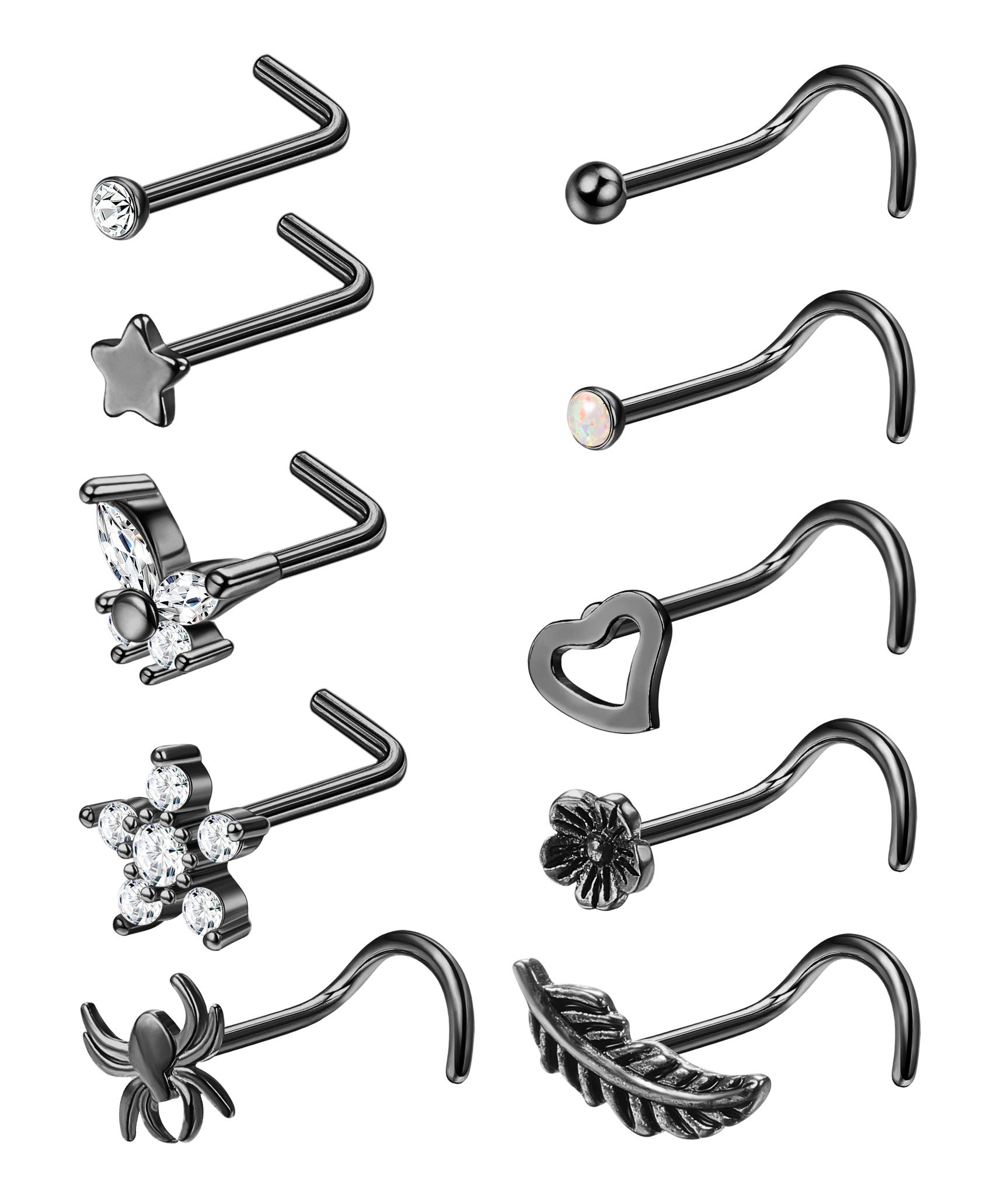 ORAZIO 10Pcs 20G Stainless Steel Stud Nose Ring for Women Men Nose Screw Rings Studs L Shape Nose Body Piercing Jewelry