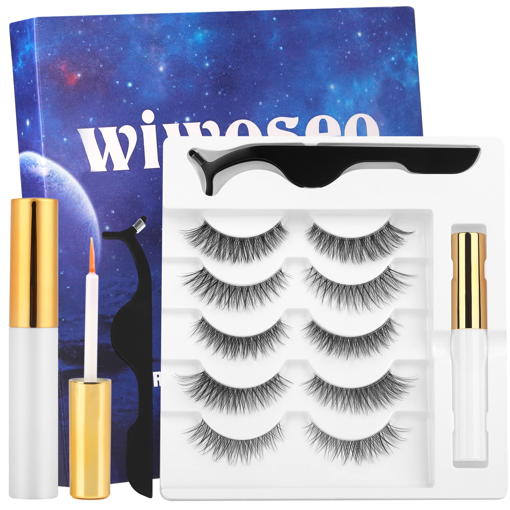 wiwoseo Eyelashes Natural Volume Extension DIY Individual Lashes Cat Eyes Clear Band Natural Wispy Fluffy Natural Looking with Glue & Tweezers Updated Technology Reusable Lashes 5 Pairs Pack