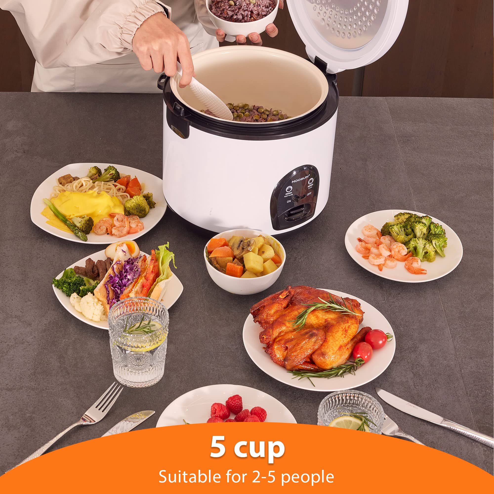 Moosum Rice Cooker Maker 5-Cup(Uncooked) with Steamer, Ceramic coating, BPA Free, Small capacity, White
