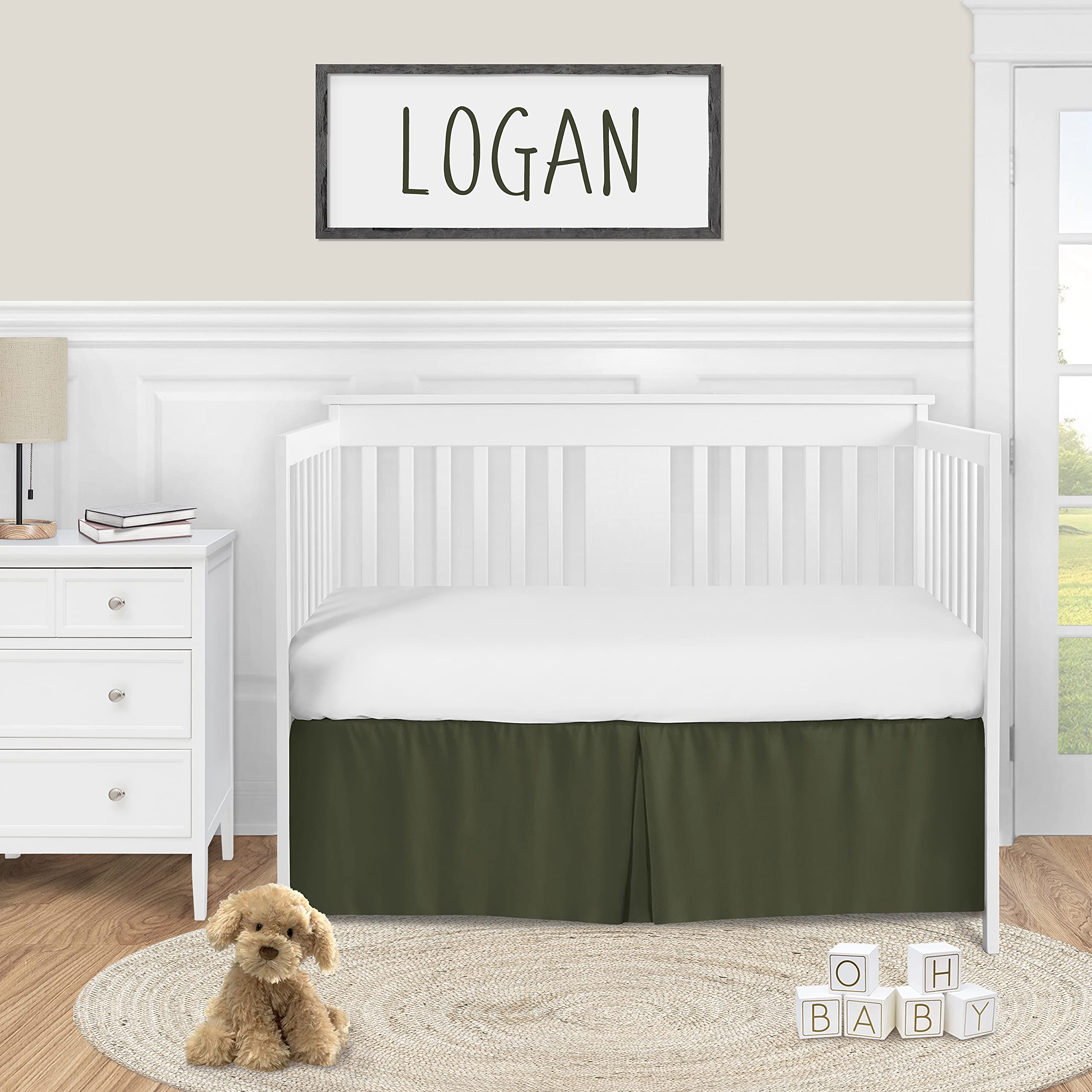Sweet Jojo Designs Dark Green Boy Baby Crib Bed Skirt Nursery Dust Ruffle - Solid Color Hunter Forest Olive for Rustic Woodland Camo Deer Collection