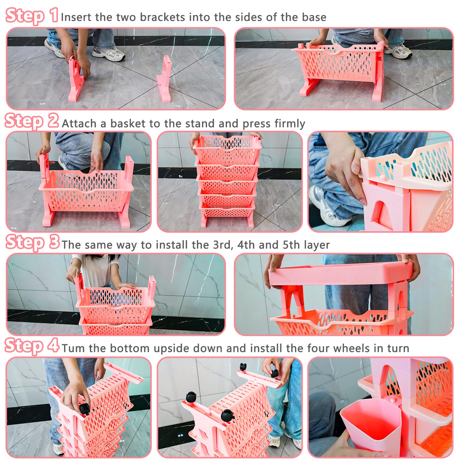 NIRIAHO 6 Tier Mobile Bookshelf, Rolling Cart Multi-Functional Movable Storage Book Shelves, Utility Cart Office Organizer Pink Bookshelves with Lockable Casters for Office, Dorm, Classroom