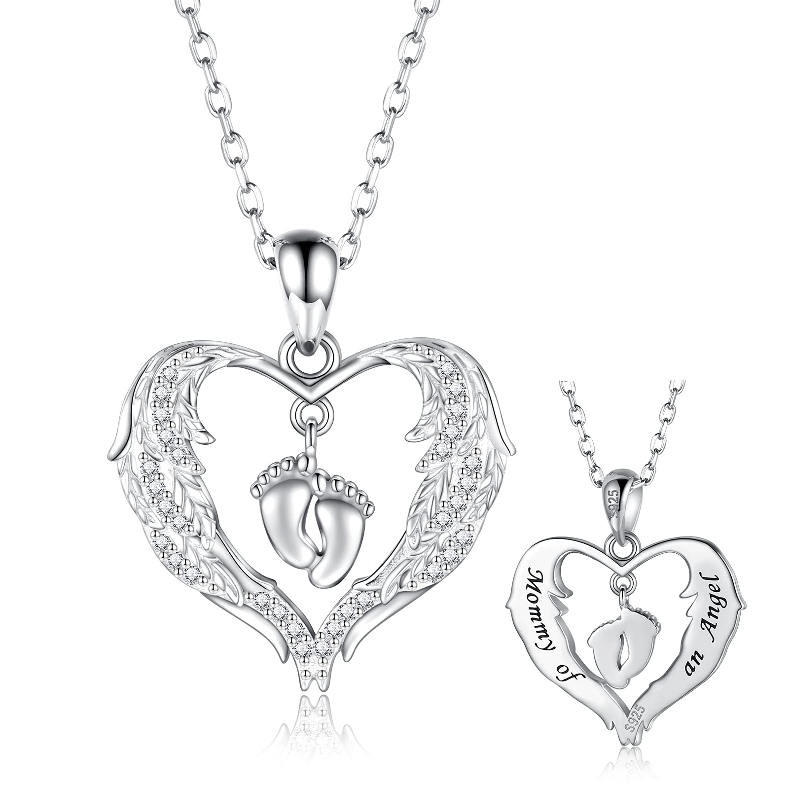 Sterling Silver Miscarriage Necklace for Women: Heart Angel Wing Foots Pendant Mommy of an Angel Jewelry, Pregnancy Loss Memorial Gifts for Mother Loss of a Baby