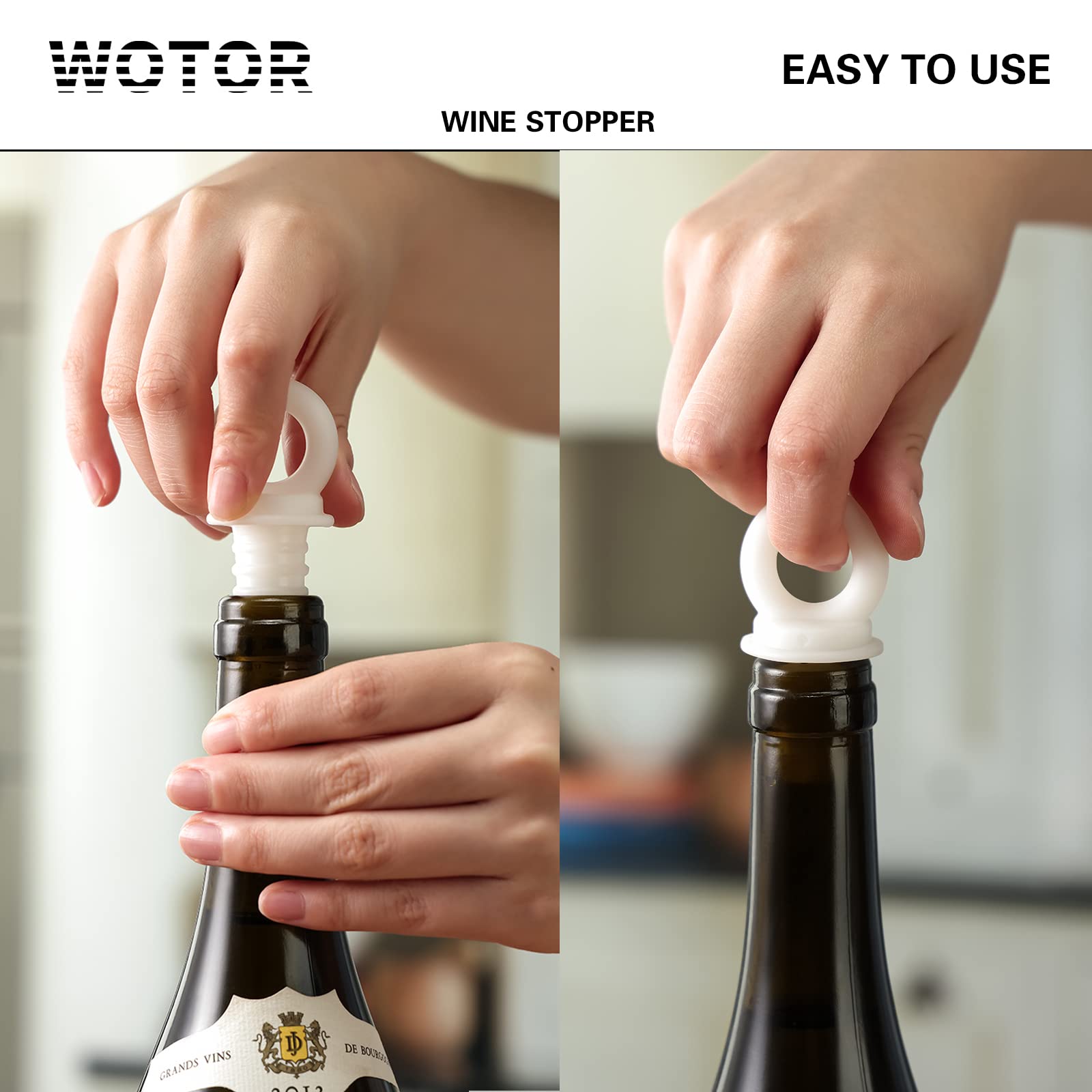 WOTOR Wine Stoppers for Wine Bottles,Reusable Silicone Wine Bottle Stopper with Ring Pull on Top for Keep the Wine Fresh, Set of 6, White