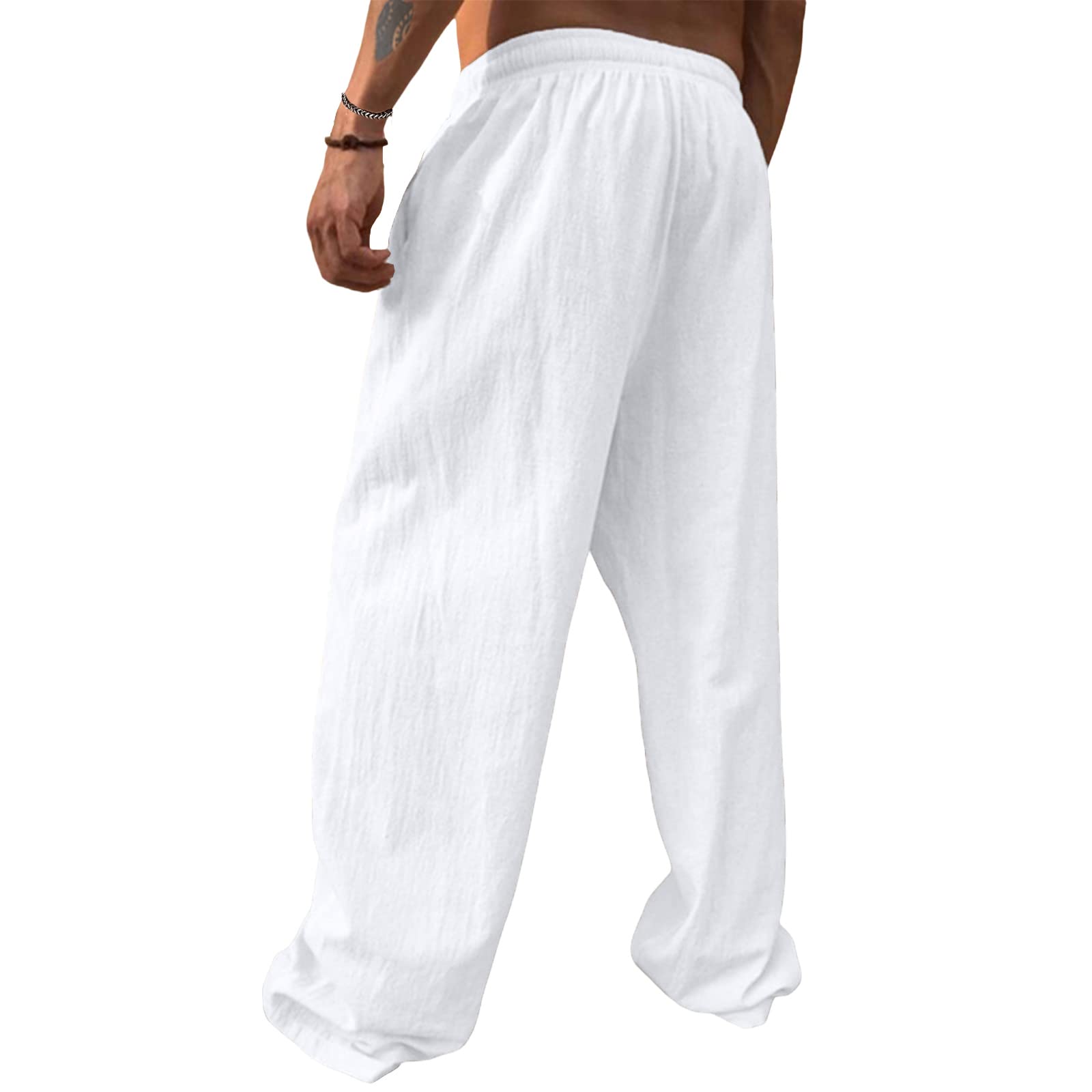 Mens Casual Linen Pants Loose Fit Lightweight Drawstring Summer Beach Yoga Pants Long Trousers White