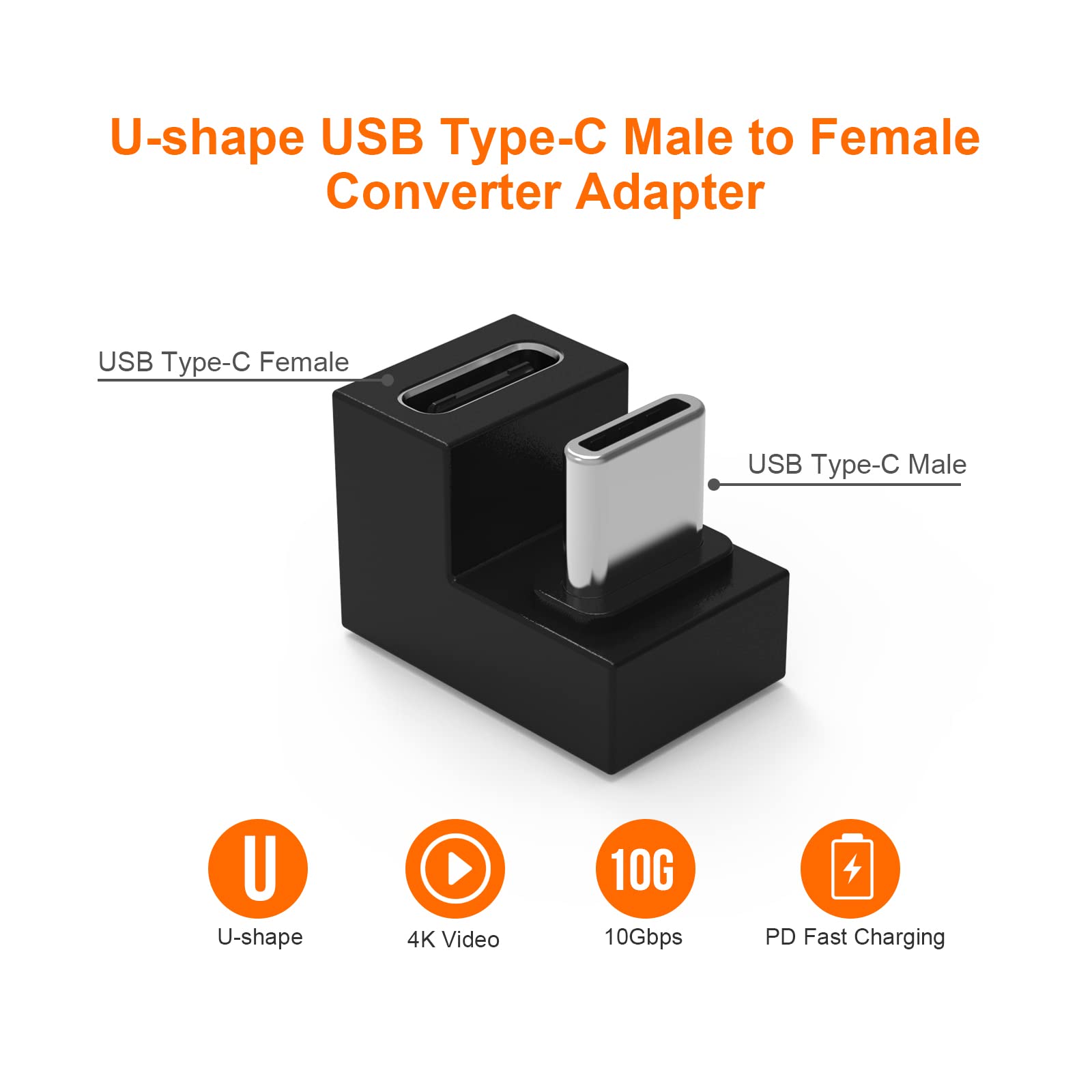 Zeilala 2PACK U-Shape USB Type-C to USB Type-C Extender Adapter Connector Converter Transfer 4K Video, 10Gbps Data Transfer & Charging for All USB C Phone, Laptop and Tablets. (Black)