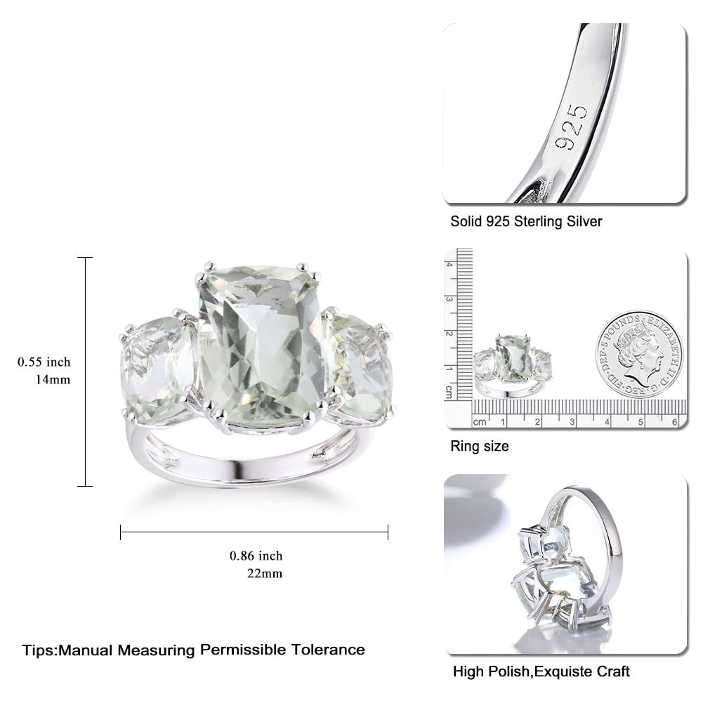 supermodel 10 Ct Natural Green Amethyst 3 Stone Statement Ring for Women 925 Sterling Silver Rhodium Plated Solitaire Promise Ring Gift for Anniversary Valentines Day Size 7
