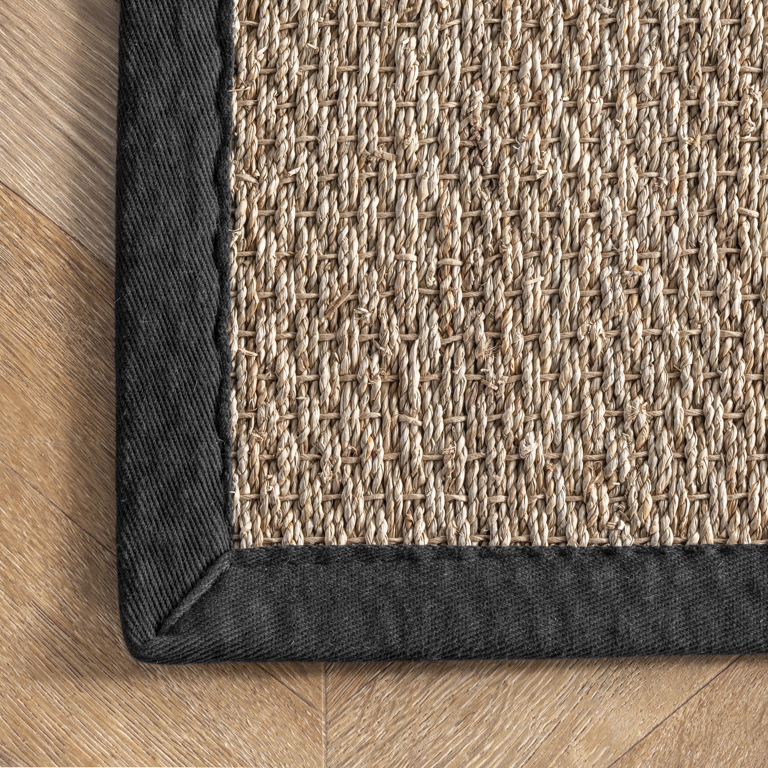 nuLOOM 2x12 Elijah Seagrass Area Rug, Black, Solid Farmhouse Style, Cotton Bordered, Basketweave, Natural Fiber, For Bedroom, Dining Room, Living Room, Hallway, Office, Kitchen, Entryway