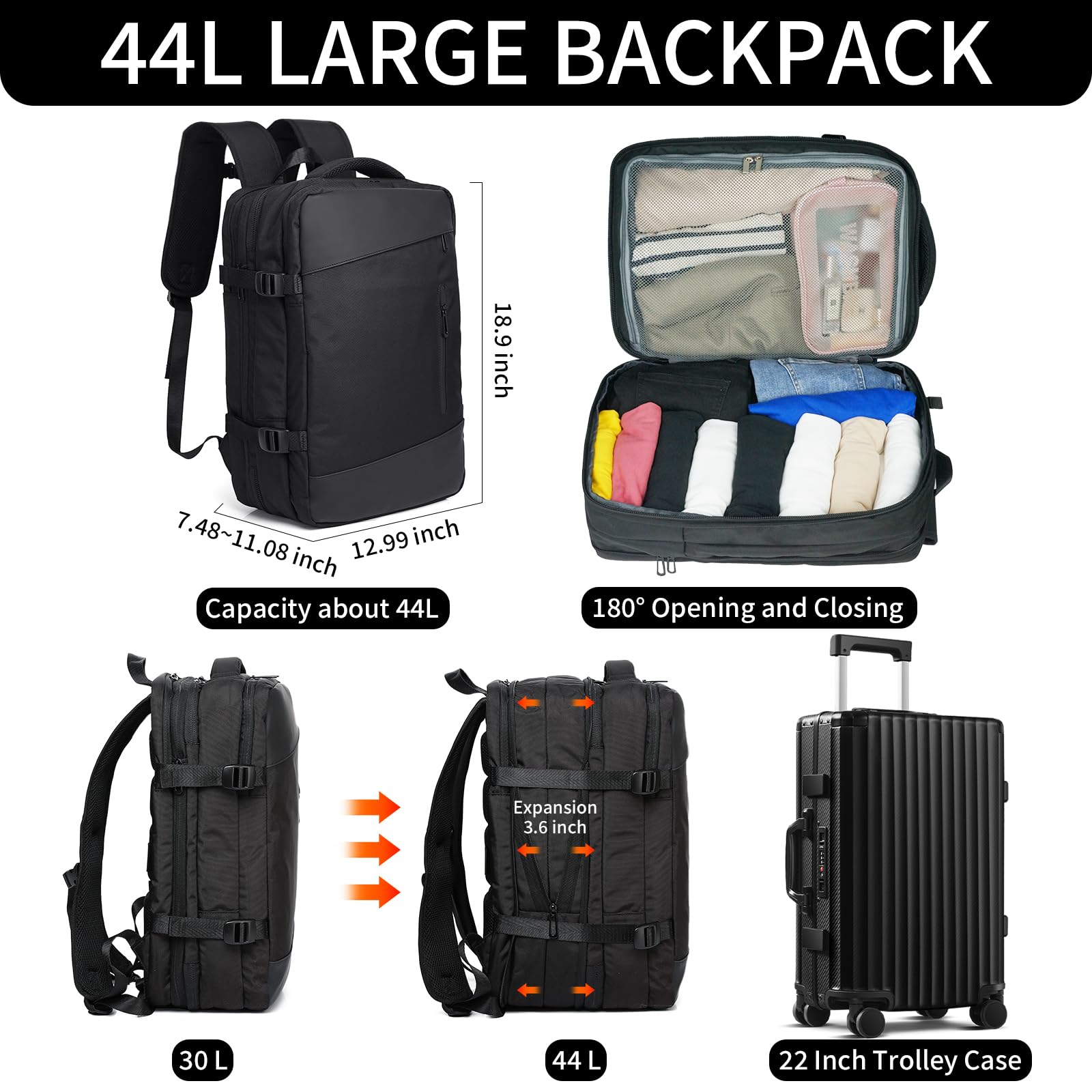 QOECI Waterproof Travel Backpack for Women Men, 44L Carry On Backpack with USB Charging Port, 17.3" Laptop Backpack, Personal Item Bag for Airlines Approved, Business Backpack Casual Daypack 1680D