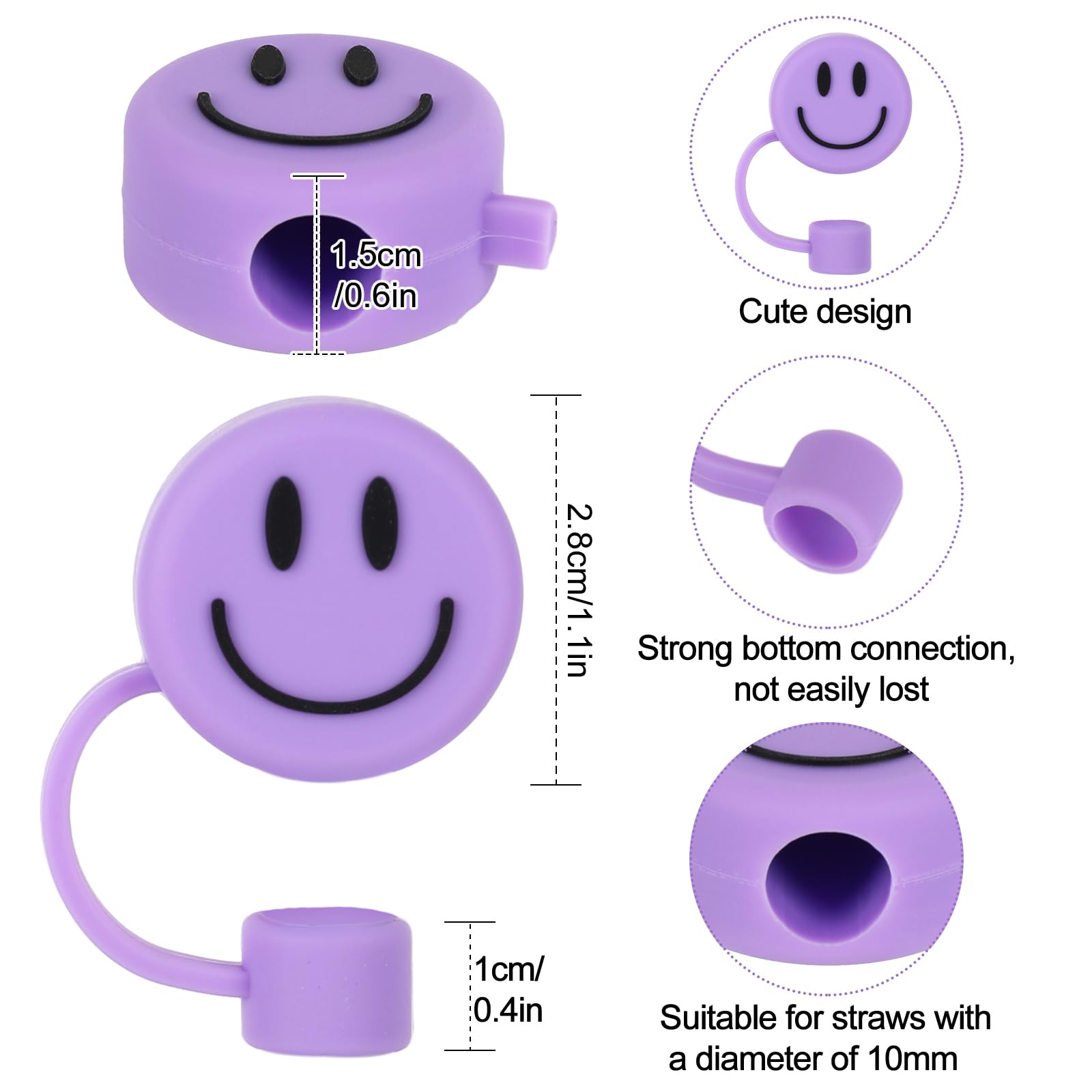 Whaline 4Pcs Smile Face Straw Covers Silicone Reusable Straw Topper Double Sided Pattern Straw Tip Covers 10mm 0.4 Inch for 30 & 40 OZ Tumbler with Handle(Pink,Purple,Mint Green,Cream Color)