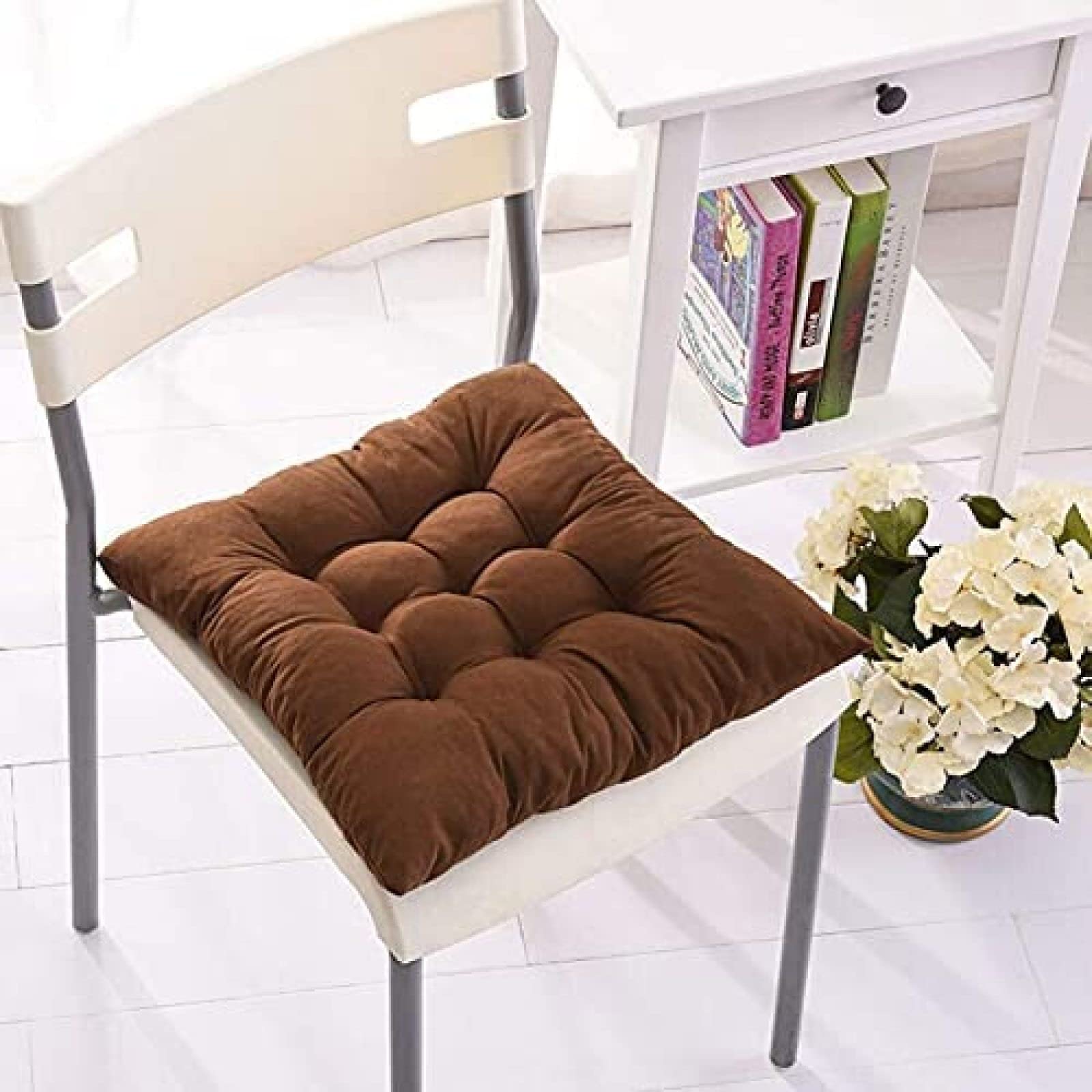 Set of 4 Dining Chair Cushions with Ties Soft Comfort Non Slip Square Seat Pads for Kitchen Dining Office Living Room Patio (Coffee)