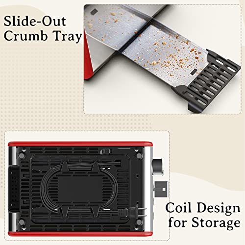 YIOU Toaster 2 Slice with Stainless Steel,1.5 Inch Extra Wide Slots,6 Browning Settings, Bagel Toaster with Reheat Defrost Cancel Function Removable Crumb Tray Easy Cleaning T2S-Metal Red