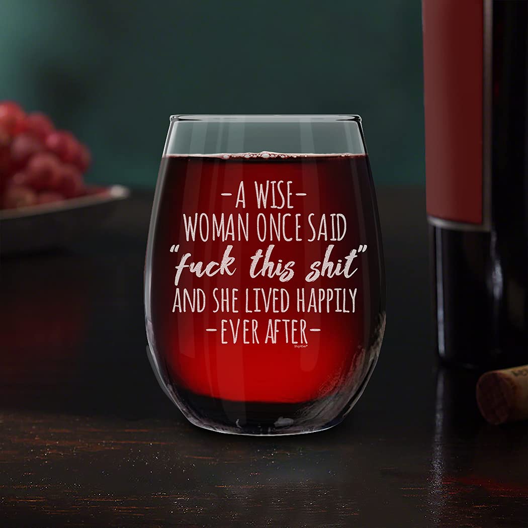 shop4ever A Wise Woman Once Said F This And She Lived Happily Ever After Engraved Stemless Wine Glass 15 oz. Funny Divorce Retirement Feminist Gift