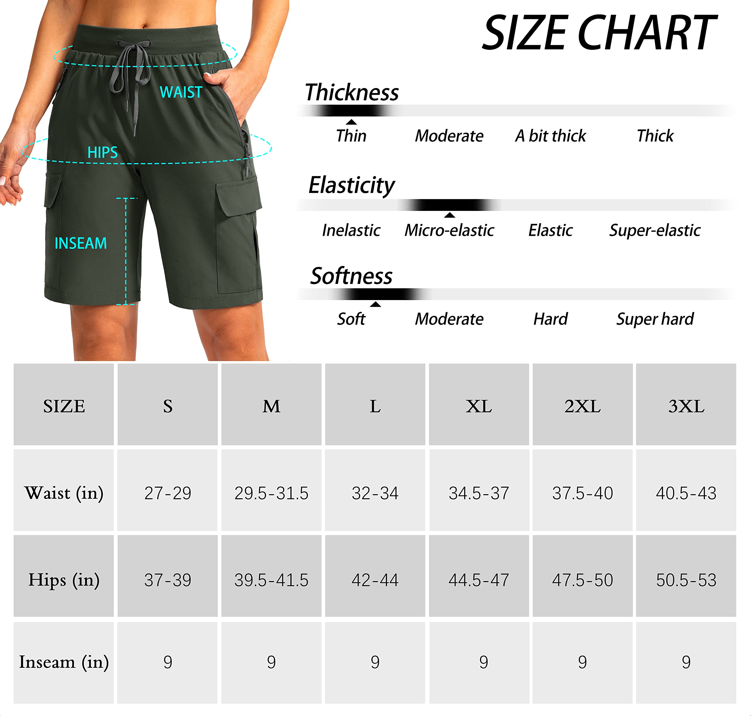 Soothfeel Women's 9" Hiking Cargo Shorts with 5 Pockets Quick Dry Summer Athletic Golf Bermuda Long Shorts for Women Casual (Deep Grey, 3XL)