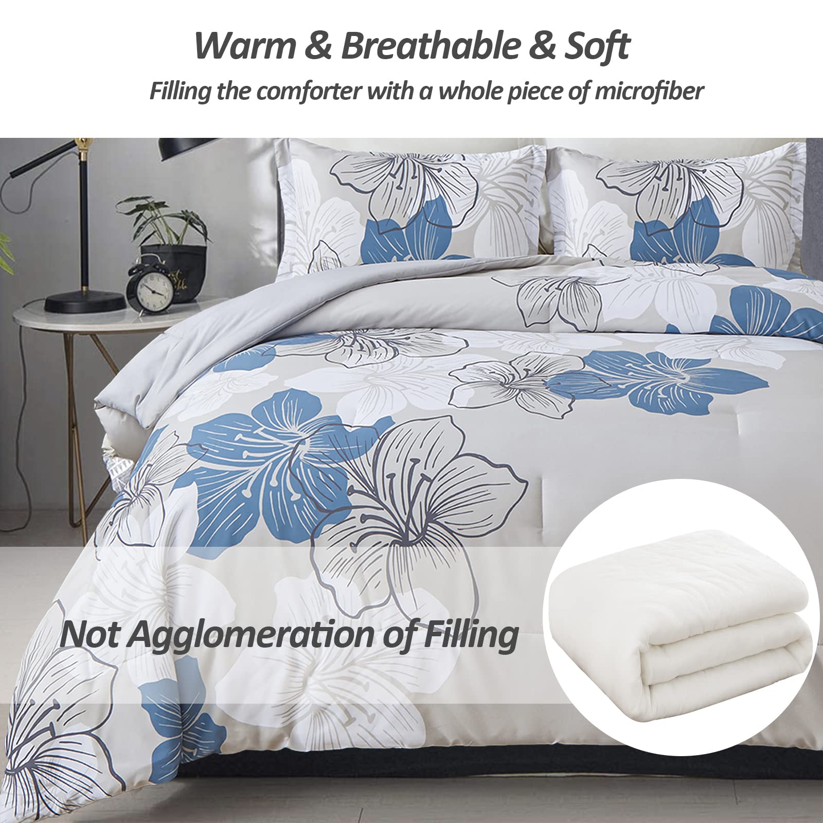 Menghomeus Black Comforter Set Queen - Red and White Floral Comforter with 2 Pillowcases Modern Bedding Sets Lightweight Boho Bed Set for All Season