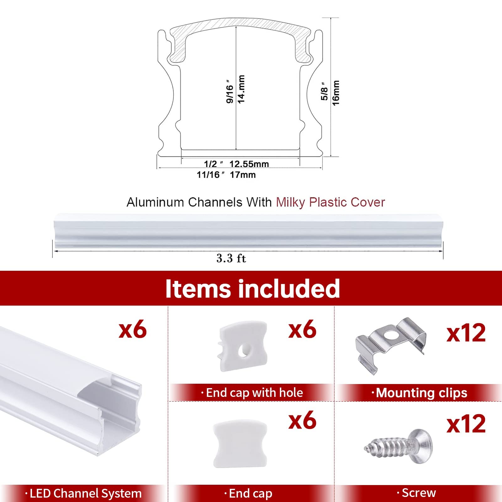 Muzata 6Pack 3.3FT/1M Deeper Spotless LED Channel System with Milky White Frosted Diffuser Silver Deep Aluminum LED Diffuser Channel for LED Strips Width up to 12mm U101 WW