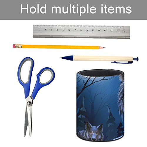 Moon Wolf Pen Holder PU Leather Pencil Cup Cute Desk Organizer Makeup Brush Box for Home Office