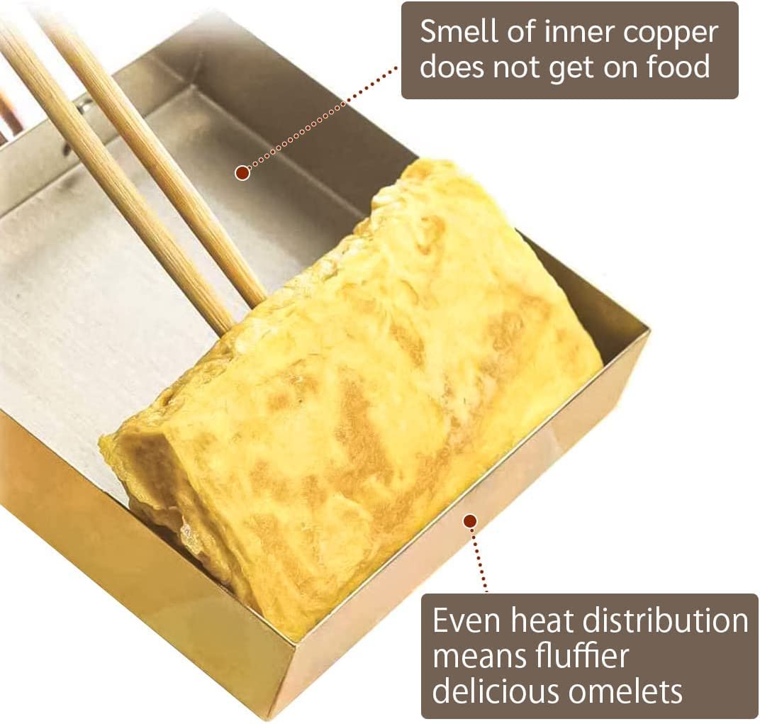 TIKUSAN Japanese Tamagoyaki Omelets Copper Pan with Wooden Lid 9.4 inch (24×24 cm) Square Type Egg Pan