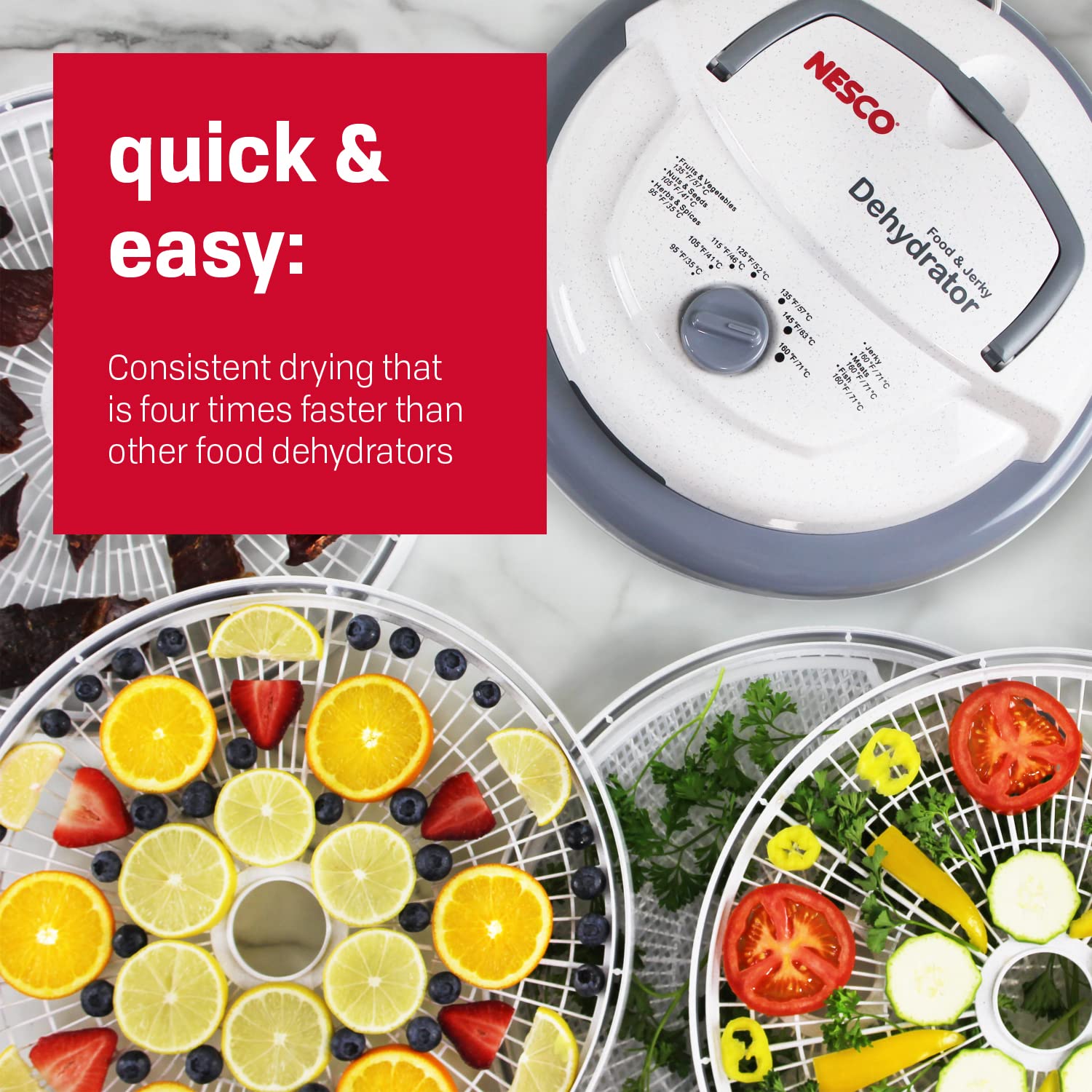 NESCO FD-75A Snackmaster Pro Food Dehydrator, For Snacks, Fruit, Beef Jerky, Gray & Jumbo Works Beef Jerky kit, 1, Red