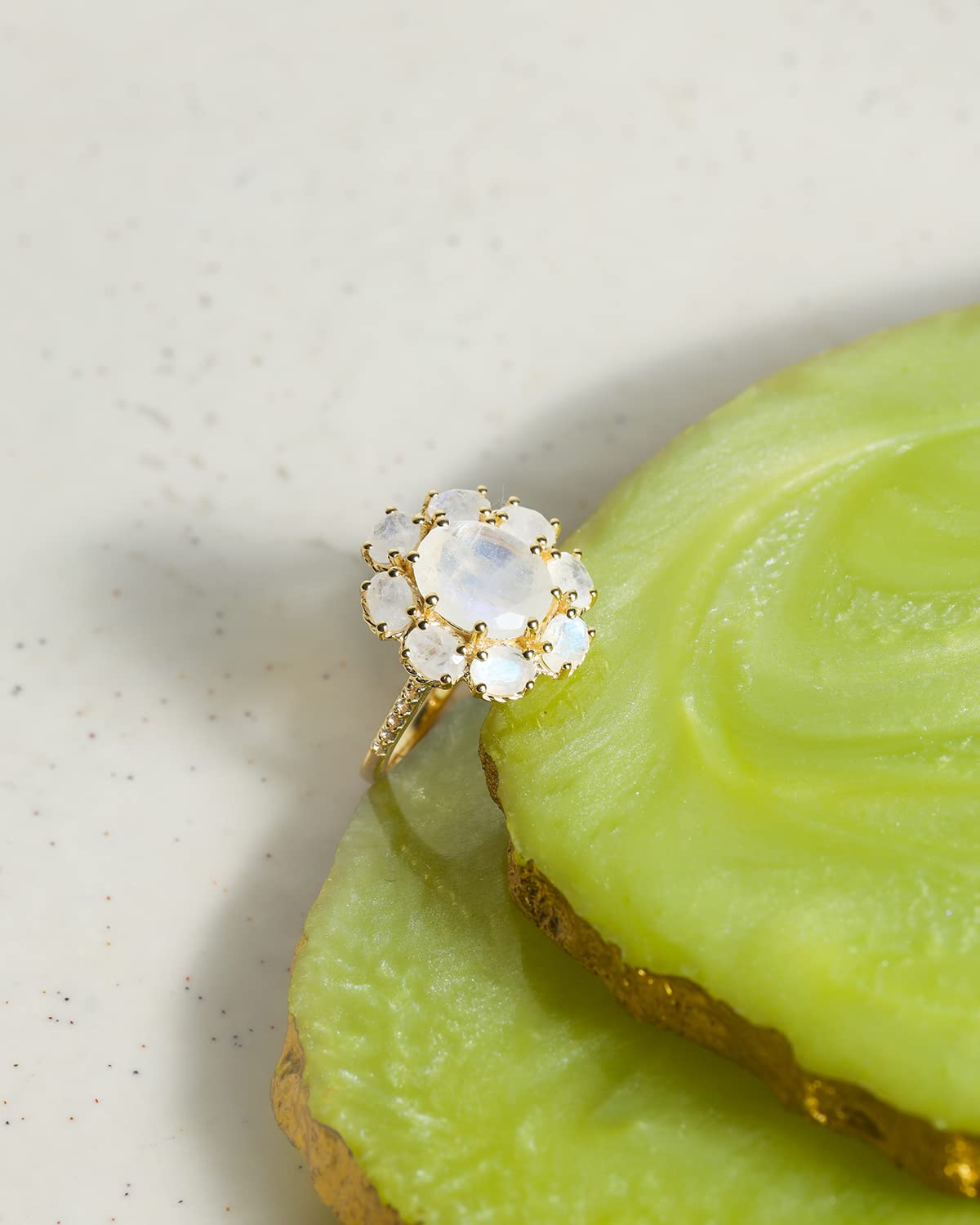 YoTreasure 7x9 MM Rainbow Moonstone & White Topaz 14k Gold Over 925 Silver Ring