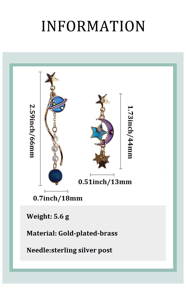 Original Cloud Moon Planet Star Creative Long tassels Dangle Earrings 18K Gold Plated Asymmetrical AB Earrings For Women Girls (Style 4)