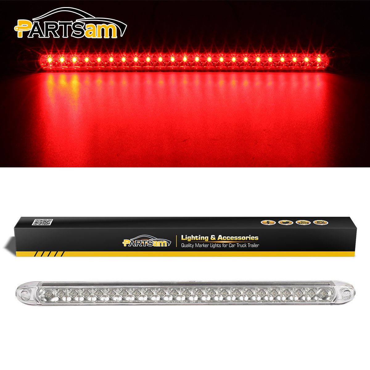 Partsam Submersible 17" Clear Lens Red 23 LED Trailer Truck RV Stop Turn Tail Rear 3rd Brake Identification Light Bar (Pack of 1)