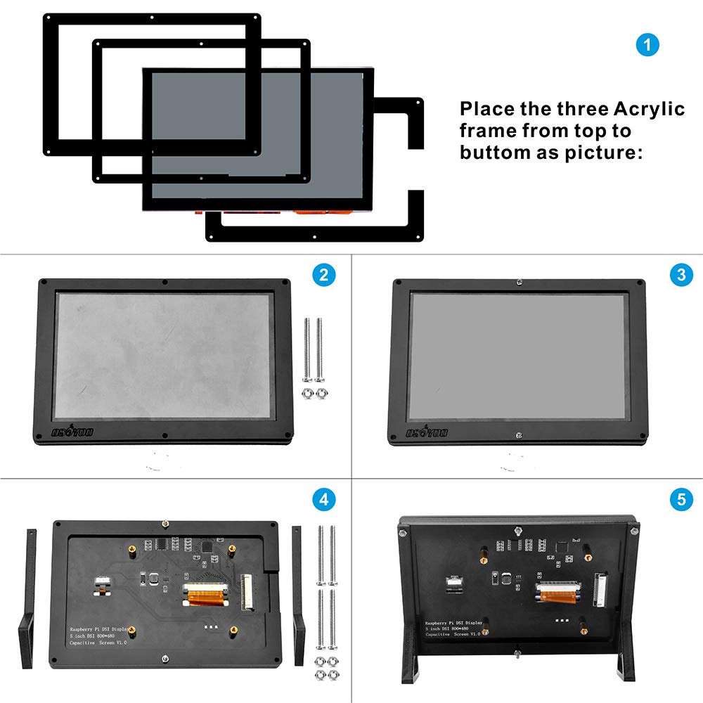 OSOYOO 5 Inch DSI Touch Screen 800x480 LCD Display with Portable Mount Stand Holder Case for Raspberry Pi 4B 3B 3B+ 2