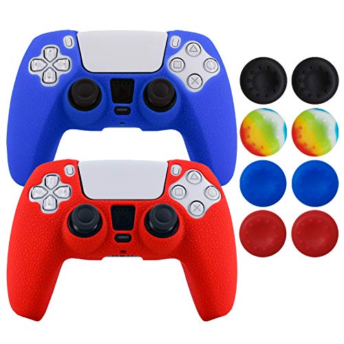 PS5 Controller Cover,Hikfly Silicone Grip for Sony PlayStation5 Controller Skin Protector Faceplates Kits Video Games Pack 2 Covers with 8pcs Thumb Grips Caps(Red,Blue)