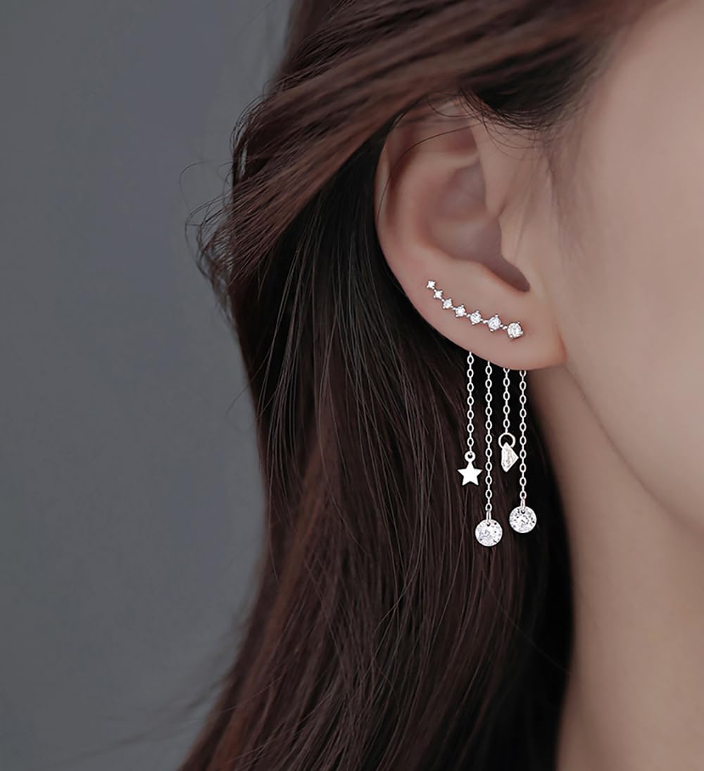Reffeer Solid 925 Sterling Silver Crawler Earrings Tassel Chain Dangle for Women 7 Crystal Cuff Earrings Chain Wraps Climber