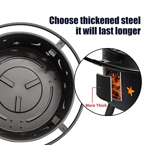 WASAKKY Fire Pits Wood Burning Grill - 30” Round Steel Deep Bowl Firepit - Backyard Cosmic,Stars and Moons Firepit 2-in-1 for Outside Patio Cooking Black