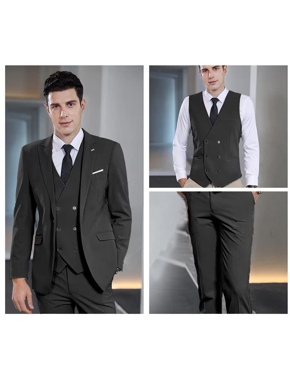 Mens Stylish 3 Piece Dress Suit Classic Fit Wedding Formal Jacket & Vest & Pants Black 4XL