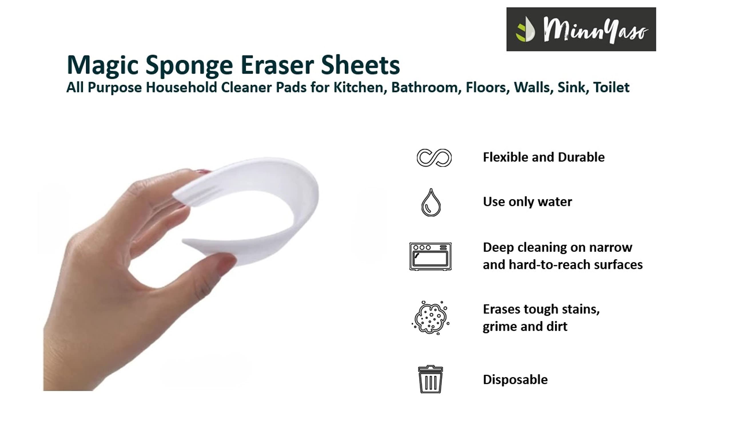 MinnYaso 100 Pack Extra Large - Extra Thick - Super Durable Magic Sponge Eraser Sheets 7.25" x 4.5" x 0.12" | All Purpose Household Cleaner Pads for Kitchen, Bathroom, Floors, Walls, Sink, Toilet