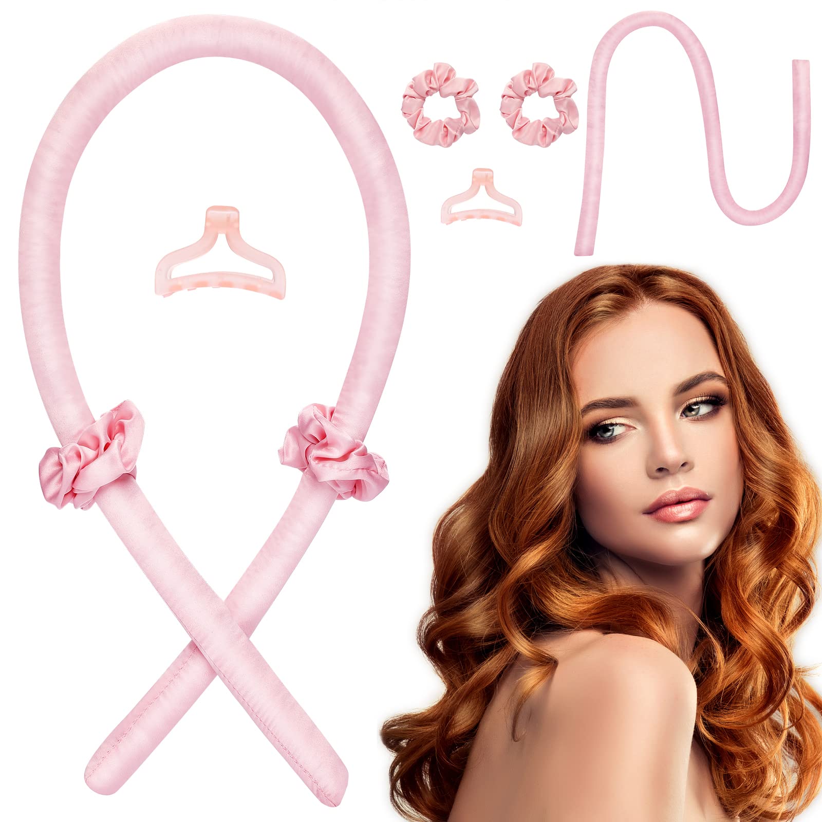 Xijiah-HAUKL Heatless Curling Rod Headband Hair Curlers to Sleep in Soft Silk Satin Absorbent Overnight curlers Long Hair curlers with Hair Clips can be Styled, Pink, 1, 1.0 Count