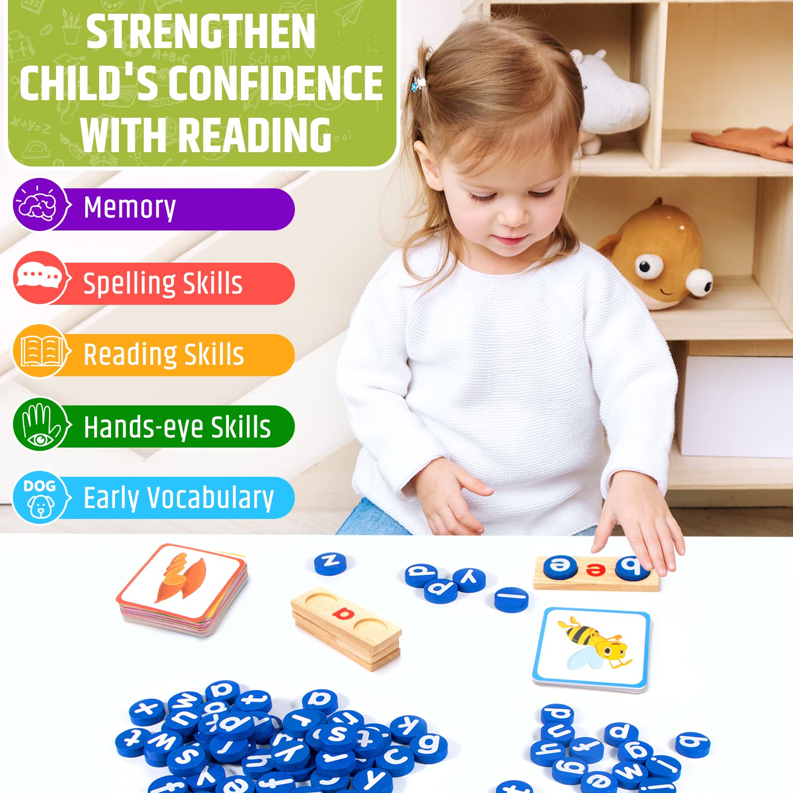 Wooden CVC Word Spelling Games, Educational Toys for 3-6 Years Old Kids,Kindergarten Learning Activities, See and Spell Learning Toys for Kids 3-5