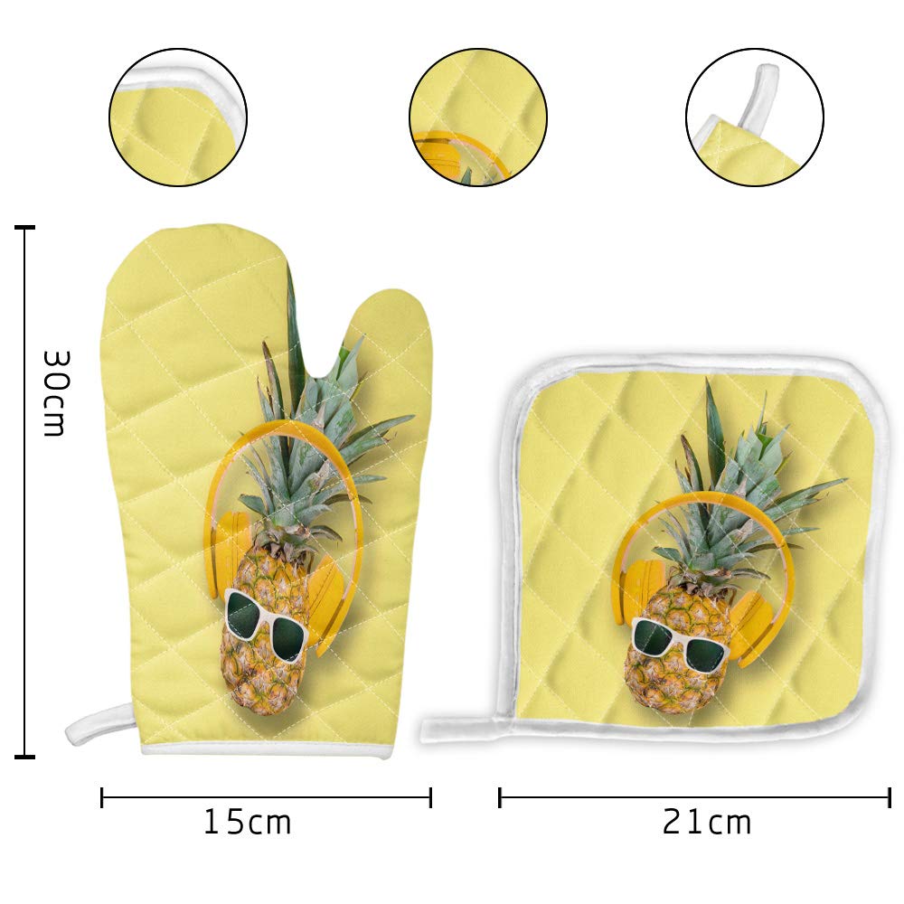 Set of Oven Mitt and Pot Holder,Pineapple Sunglasses Music Mini Oven Gloves and Hot Pads Yellow Funny Tropical Fruit Heat Resistant Kitchen Decor for Cooking BBQ Baking